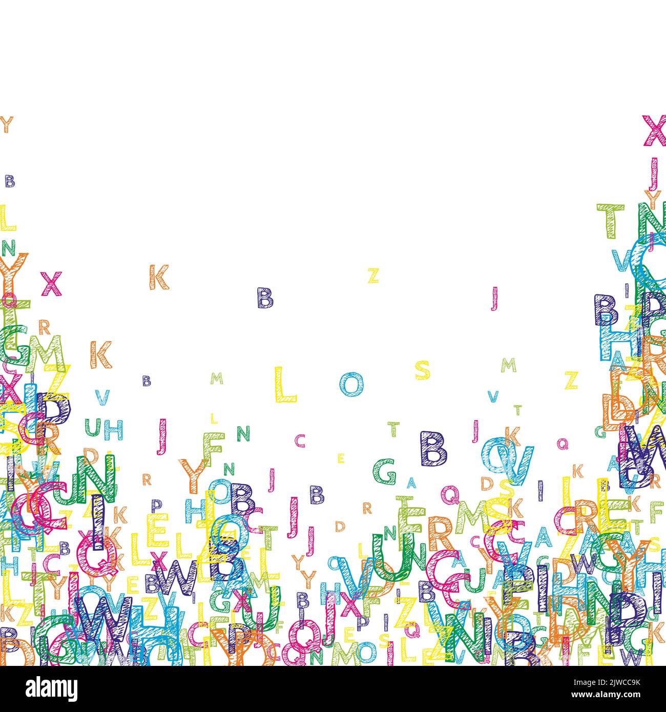 Falling letters of English language. Bright handdrawn flying words of ...