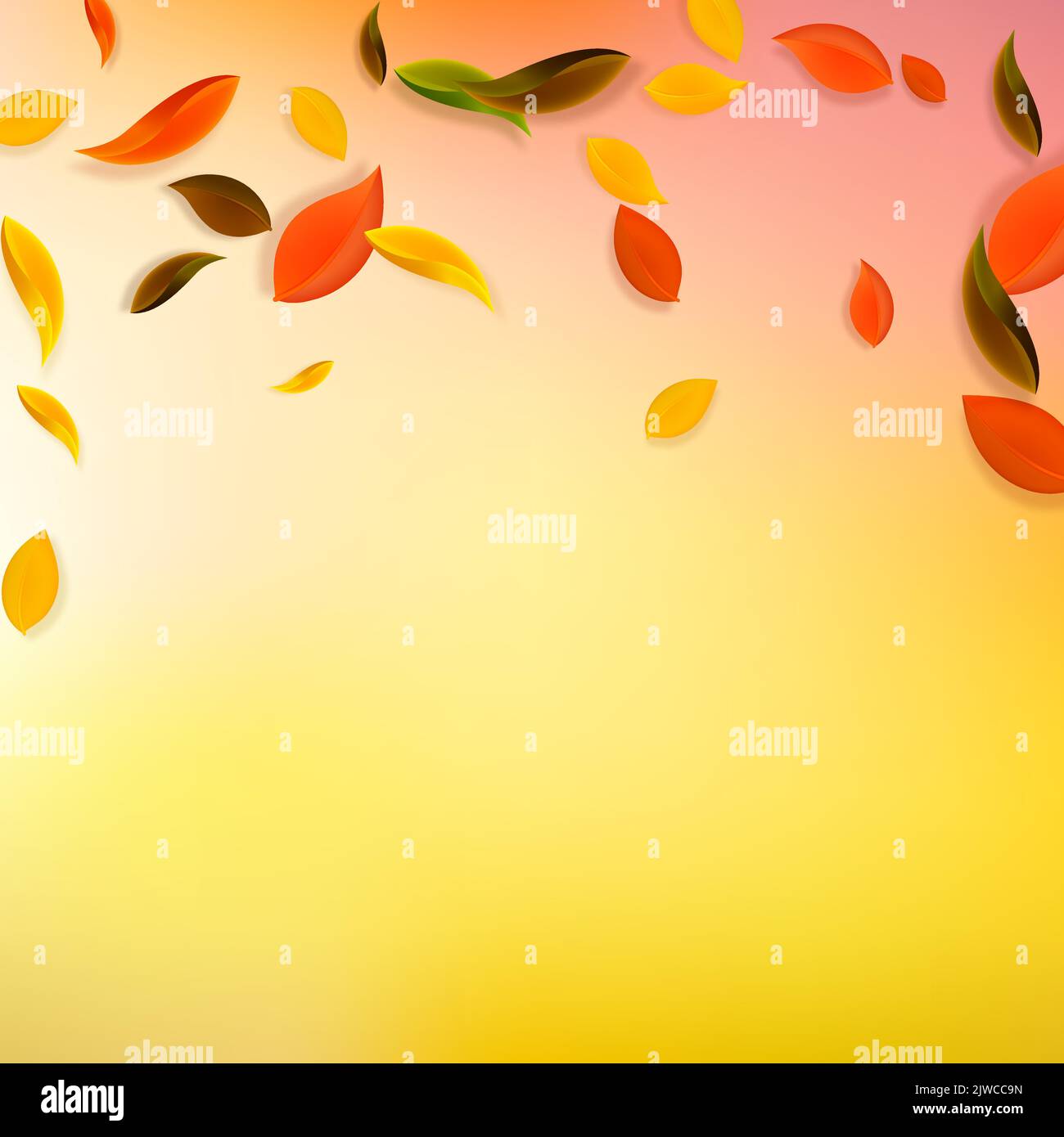 Falling autumn leaves. Red, yellow, green, brown chaotic leaves flying ...