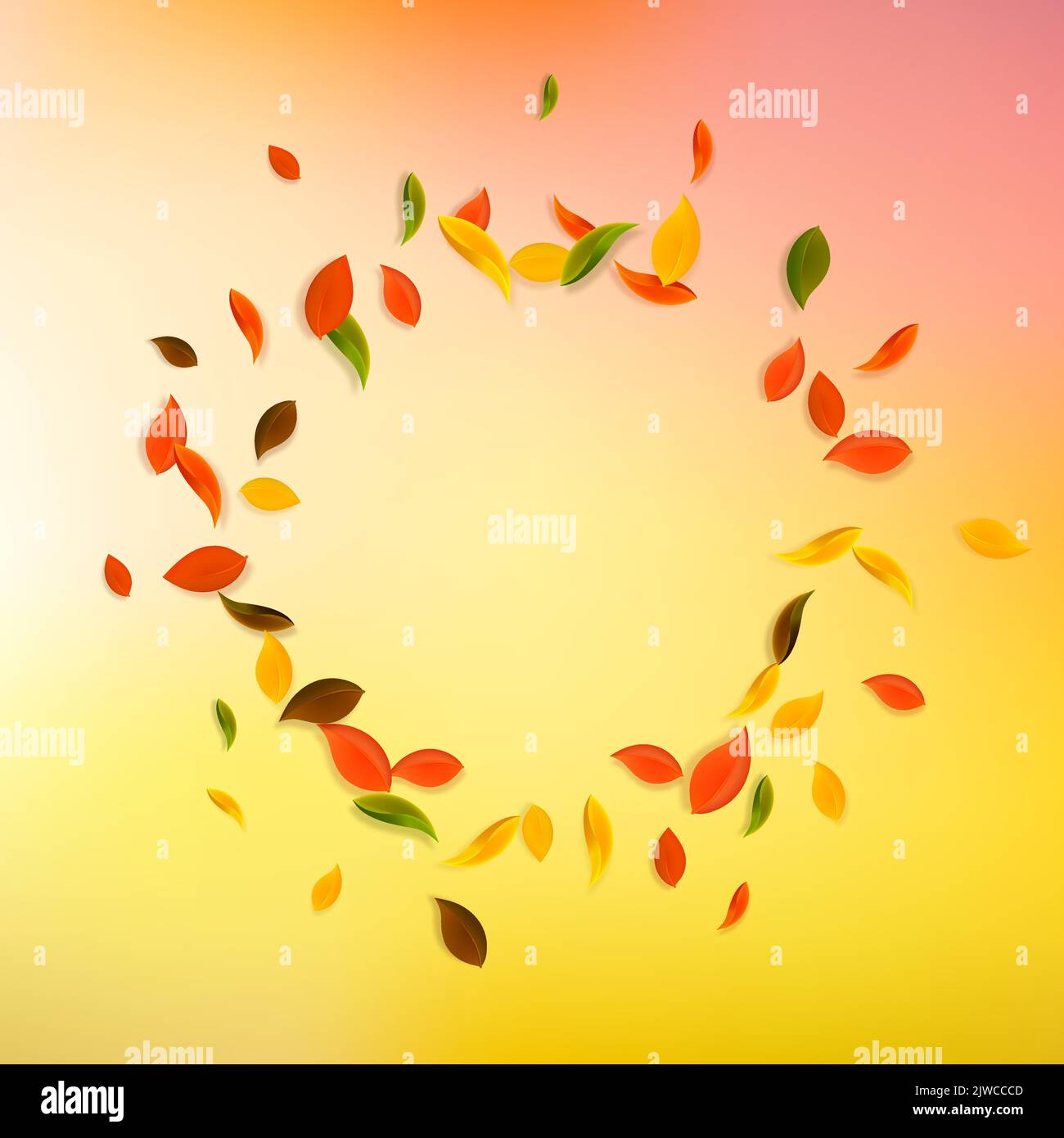 Falling autumn leaves. Red, yellow, green, brown chaotic leaves flying ...