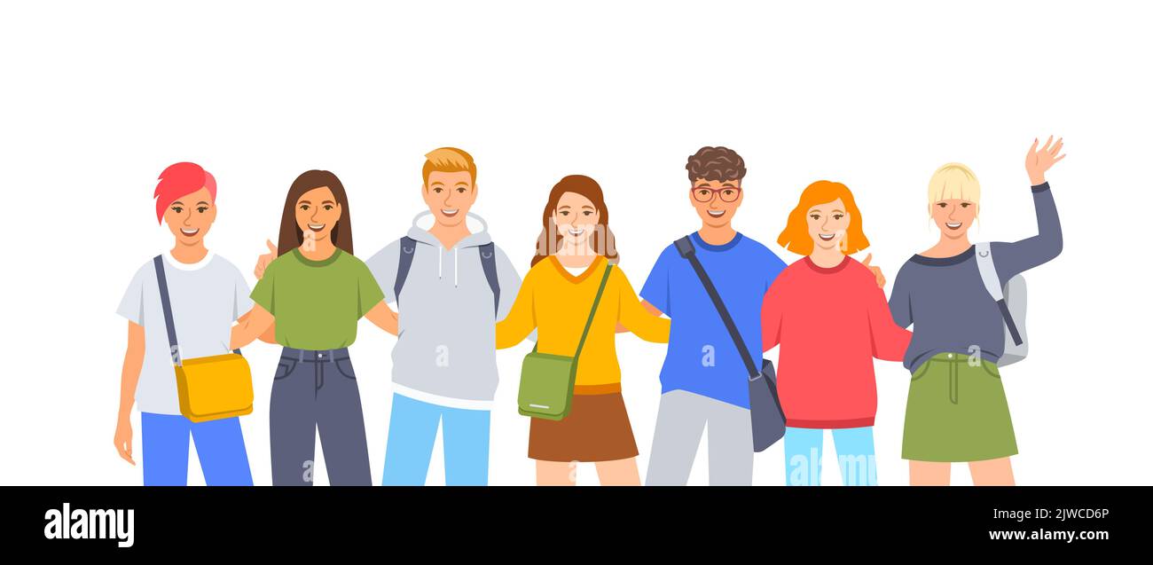 Young people stand together. Friendly diverse college students hug each ...