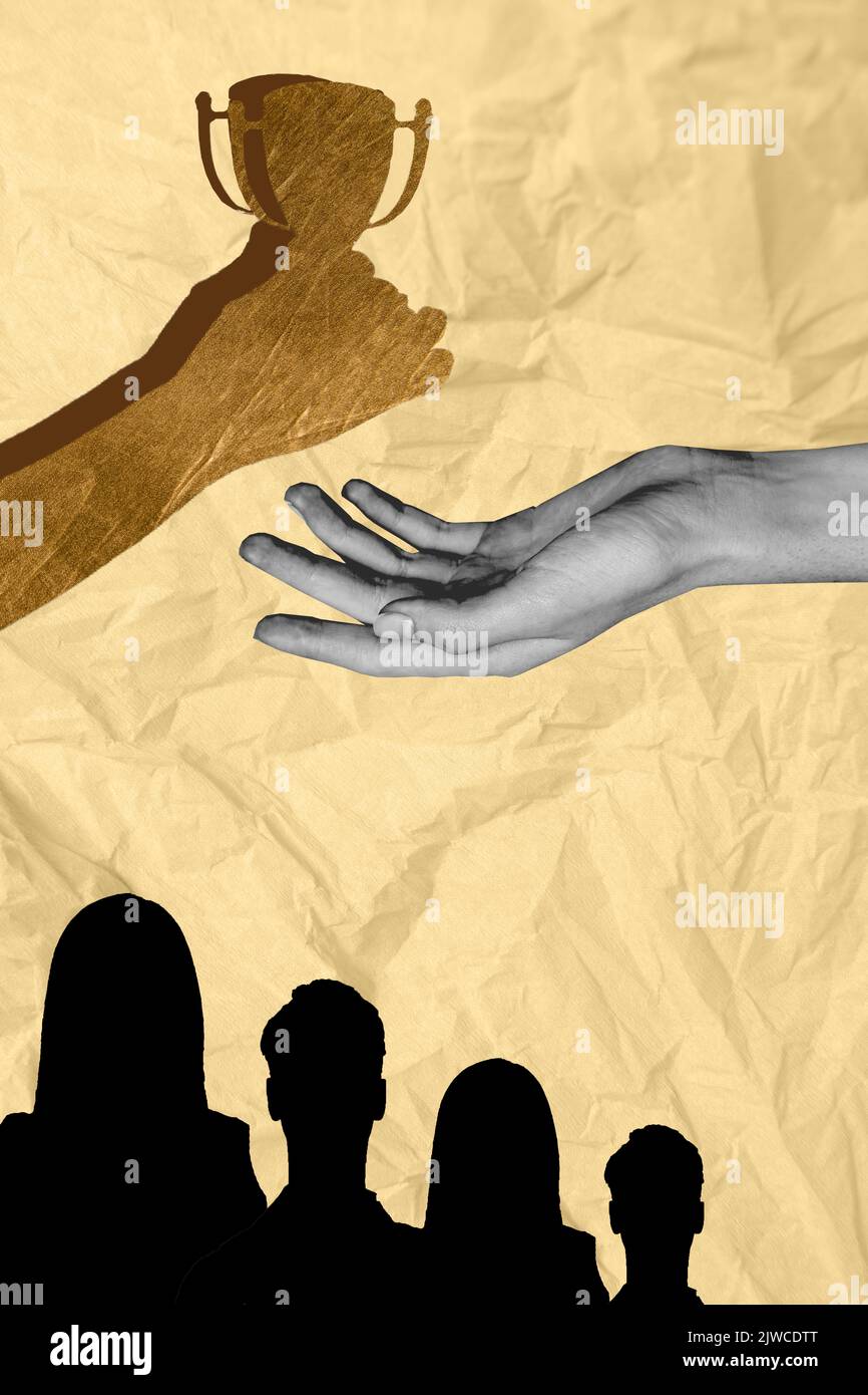 Vertical creative photo collage of hand rewarding people crowd ...