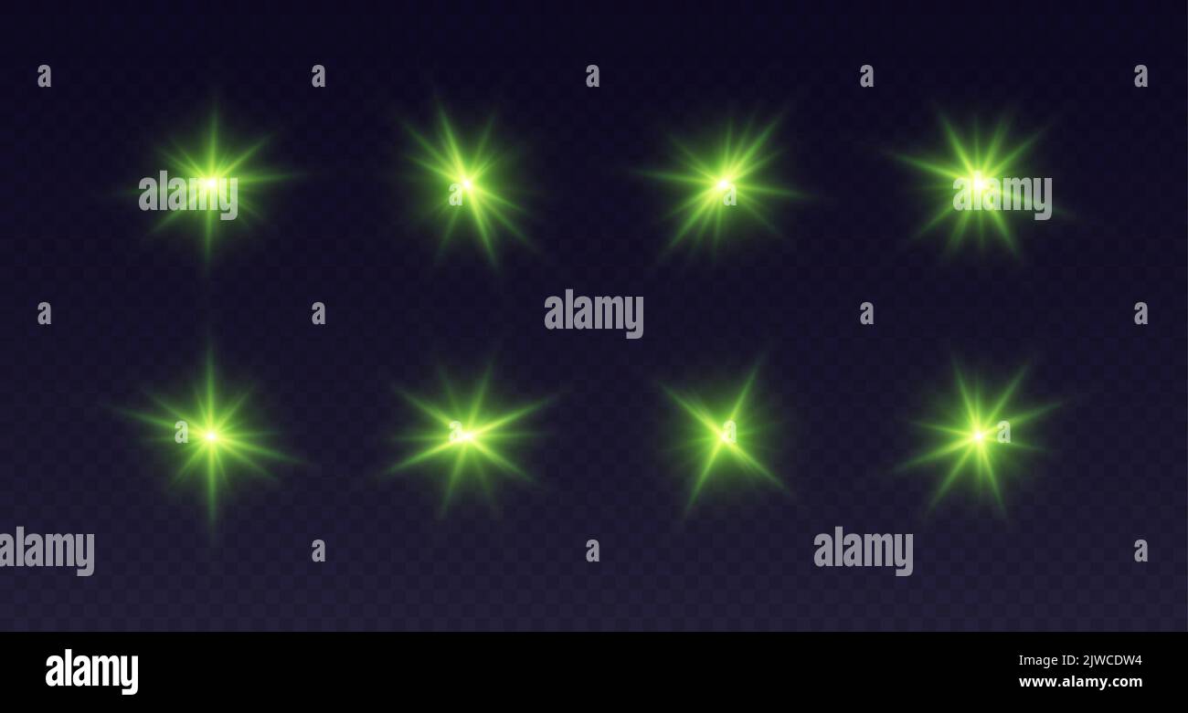 Green lens flare, glowing star with rays, shiny flash spark, bright cosmic explosion isolated on ...