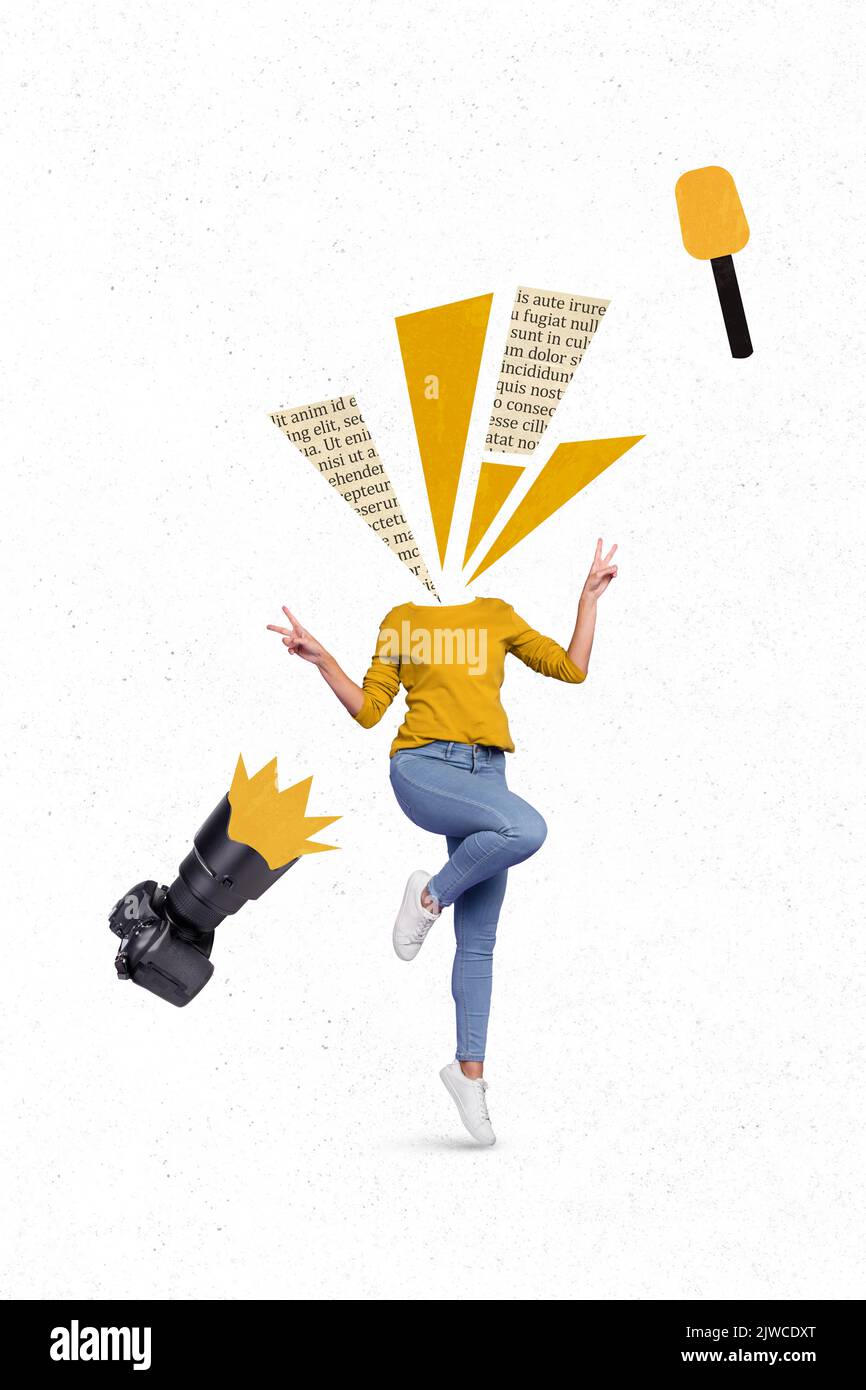 Vertical poster collage photo of talkative headless woman intervies ...