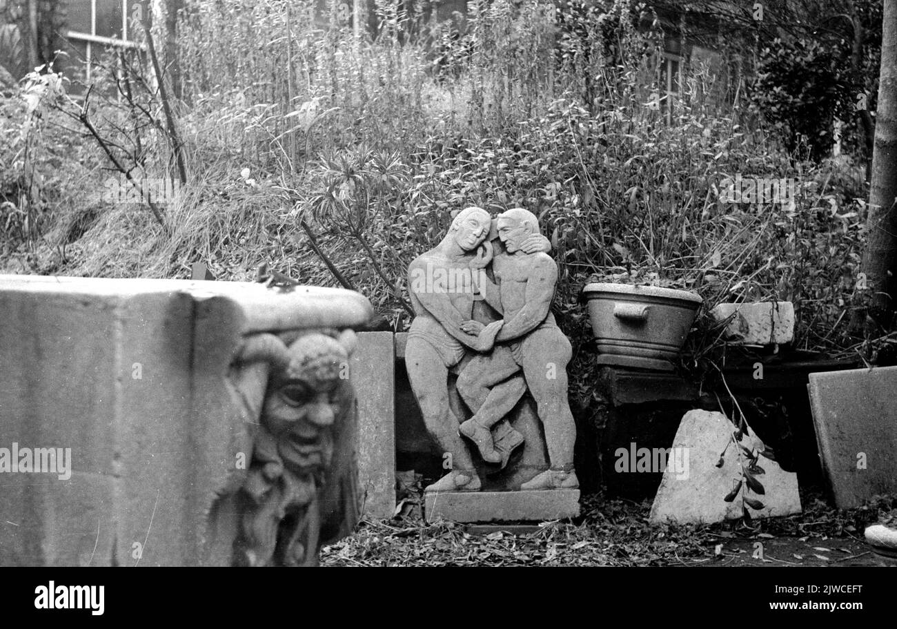 Stone carvings in the rear garden of The Bluecoat, Liverpool, UK. 1970 ...