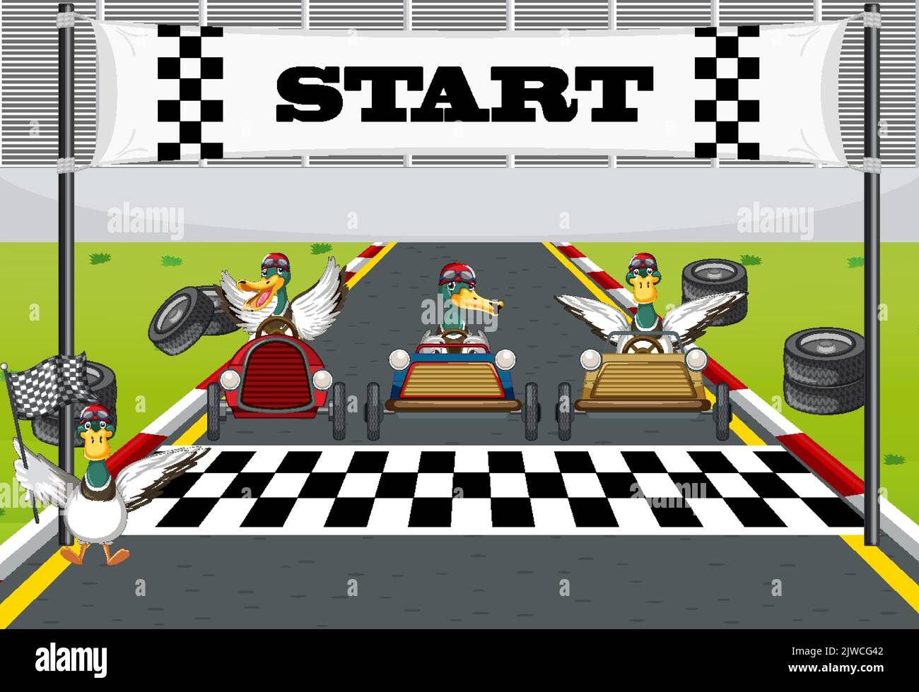 Soap box derby race with ducks cartoon character illustration Stock ...