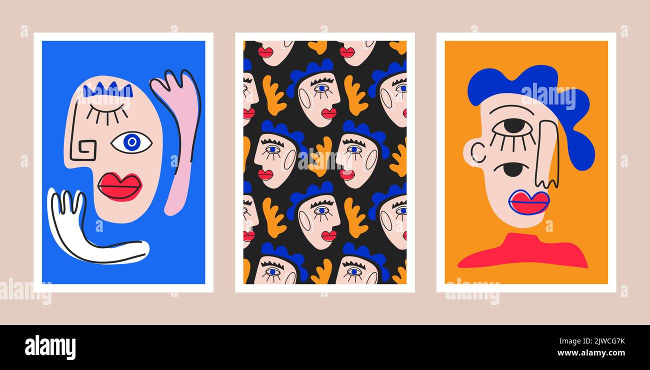 Cubism Wall art. Surrealistic Abstract Woman Face Posters Set Stock ...