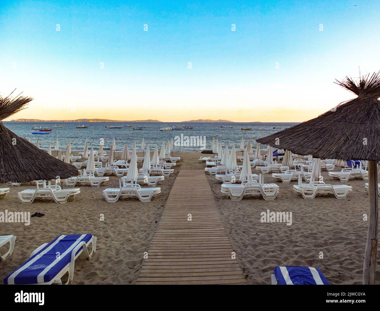 An empty Mediterranean beach in the south of France with sunbeds Stock ...