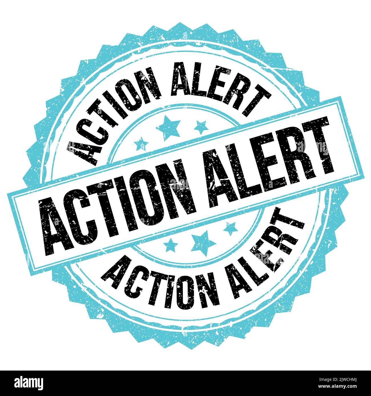 ACTION ALERT text written on blue-black round stamp sign Stock Photo ...