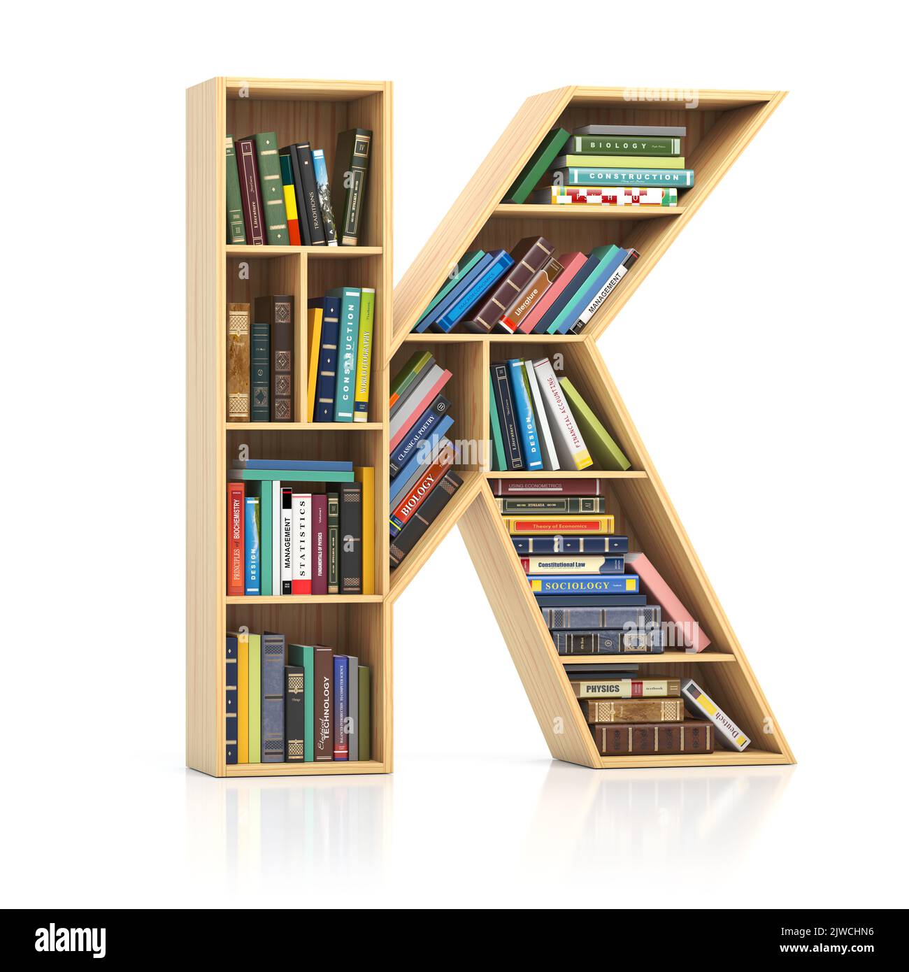 Letter K in form of bookshelf with book and texbooks. Educational and ...