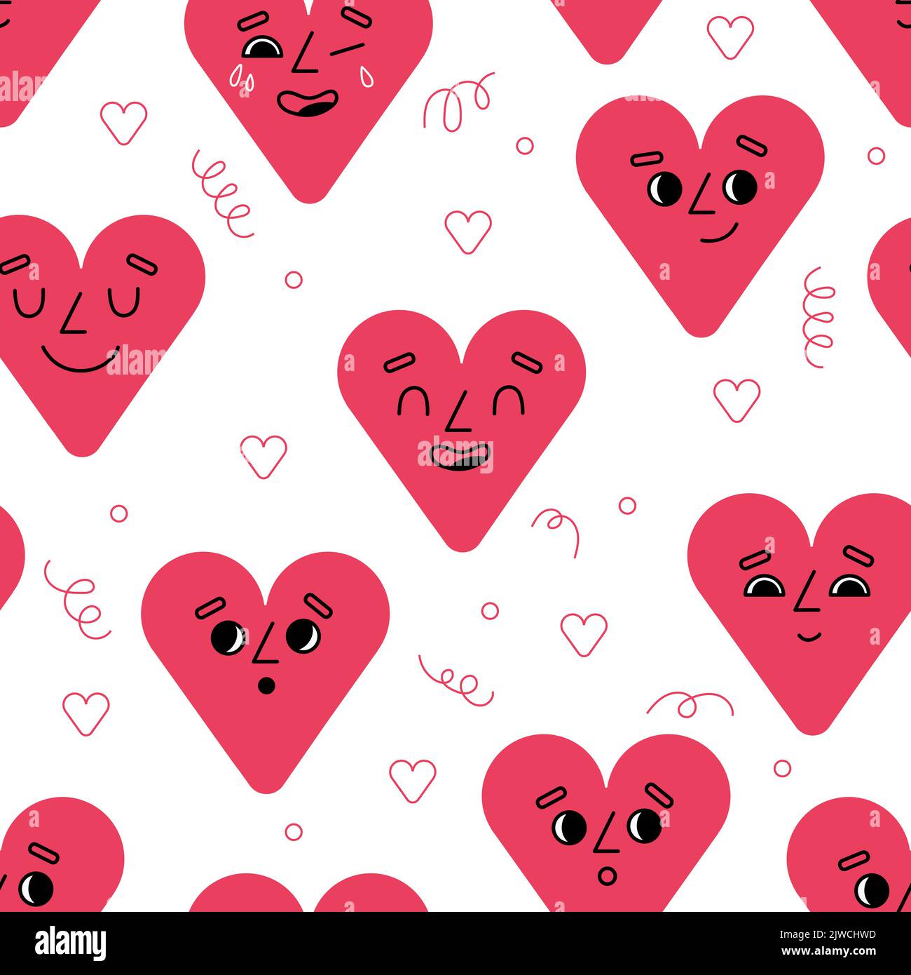 Cartoon hearts emoji seamless pattern. Happy valentines, comic ...