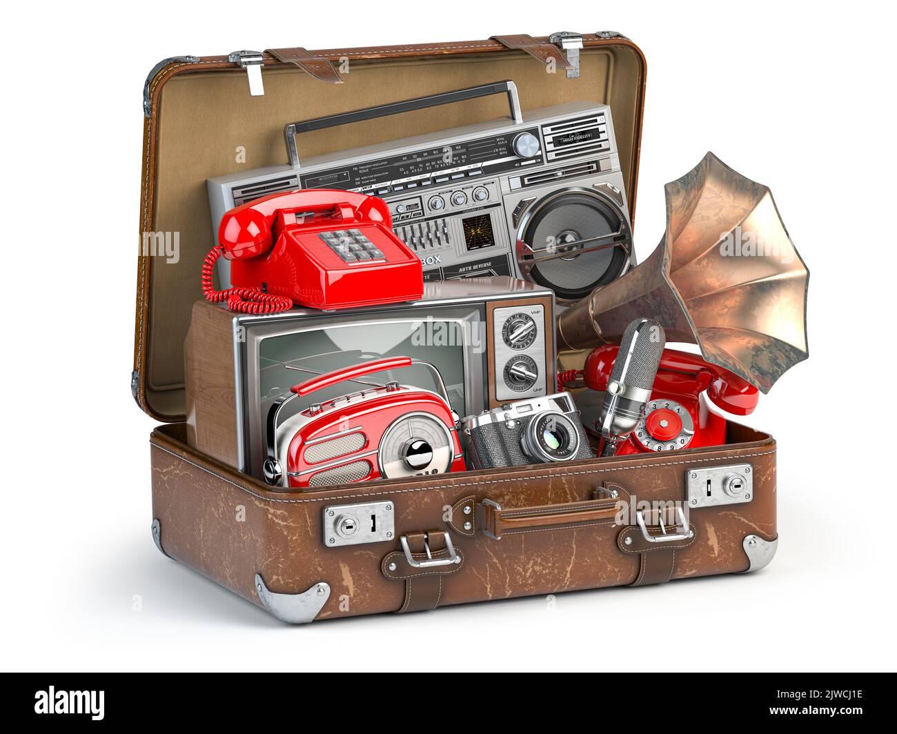 Vintage electrical and electronic appliances in an old suitcase ...