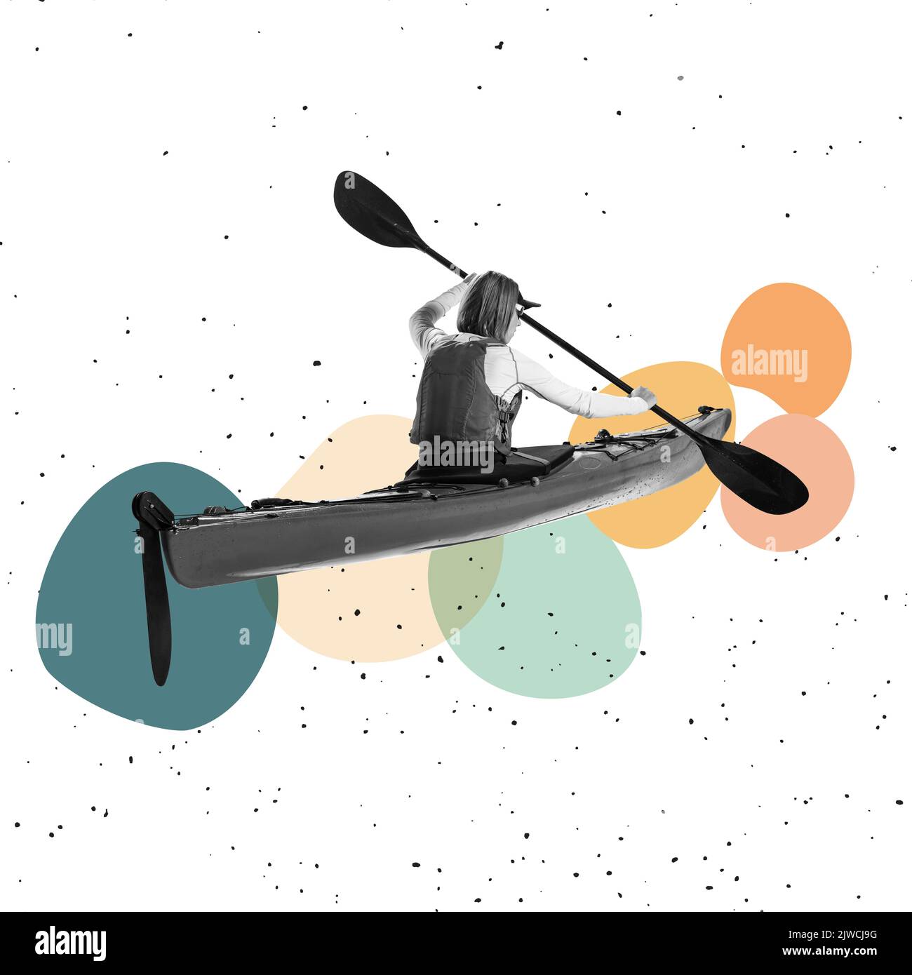 Race. Young woman, sportsman in canoe, kayak with a life vest and a ...