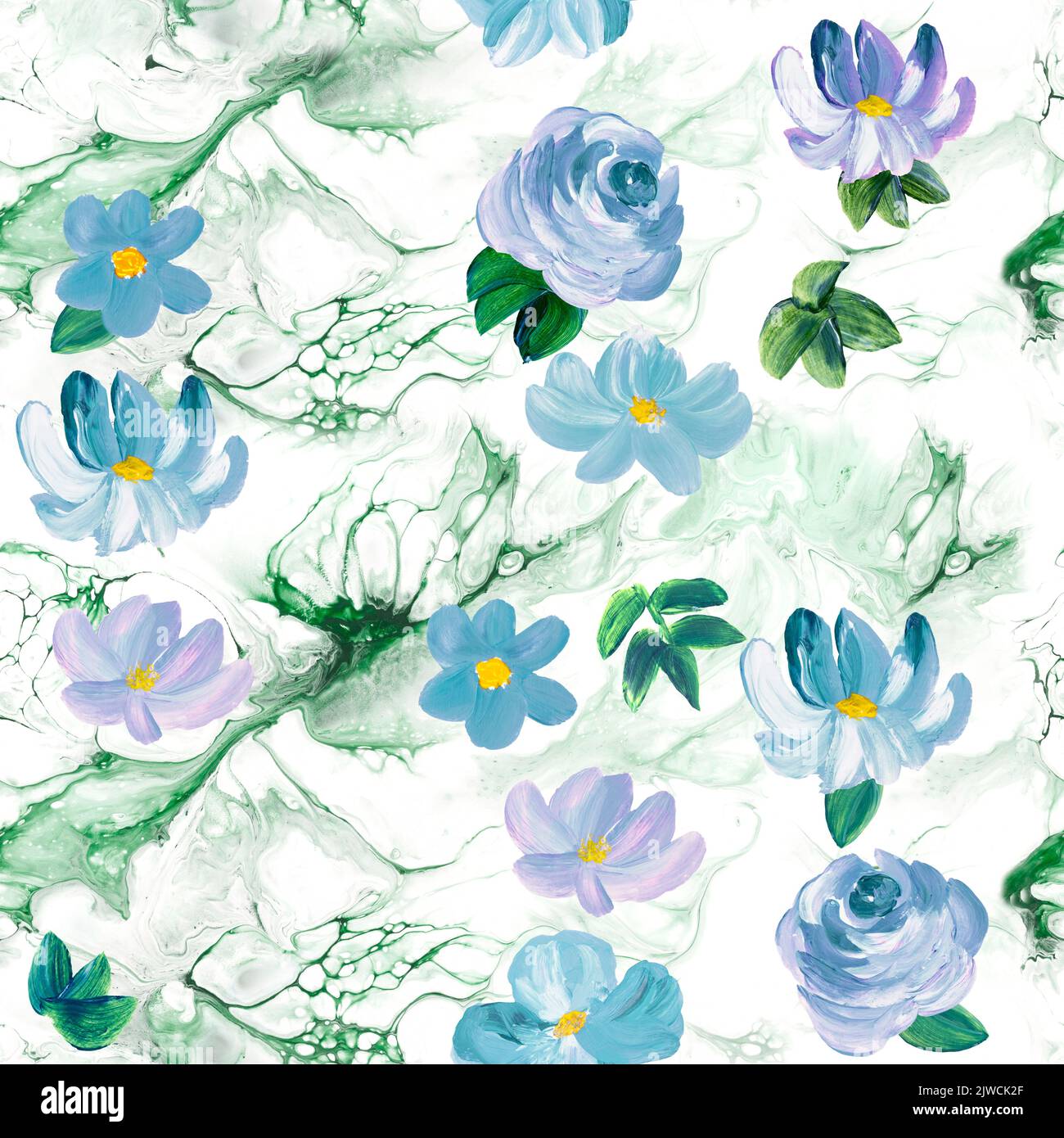 Seamless pattern of abstract blue flowers, art painting, creative hand ...