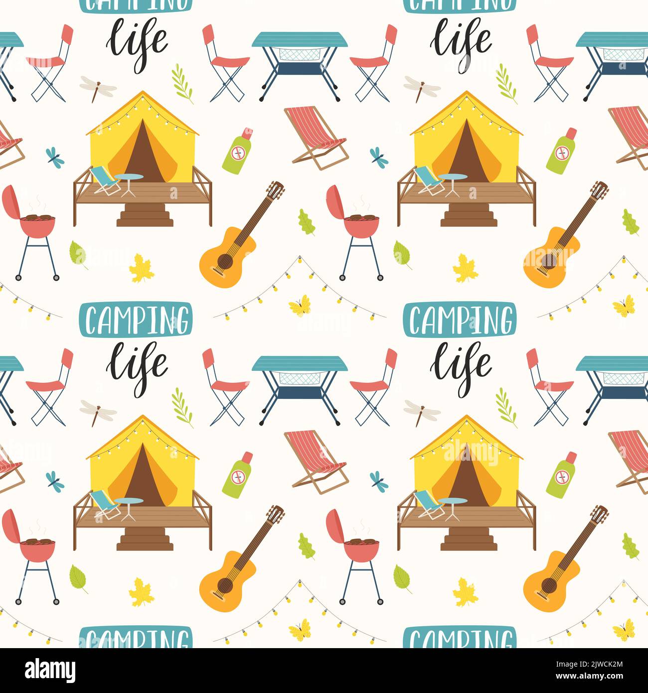 Camping seamless pattern. Travel equipment and gear. Hand drawn flat ...