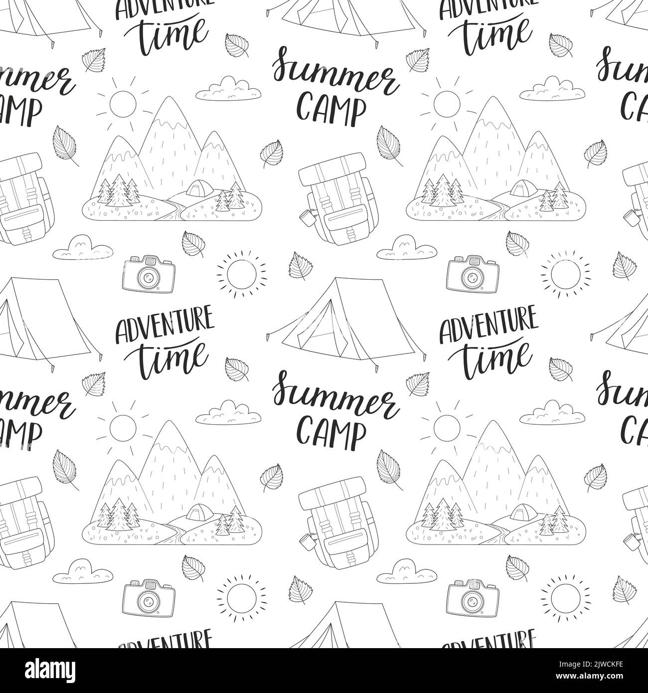 Camping seamless pattern. Travel background with hand drawn outline ...