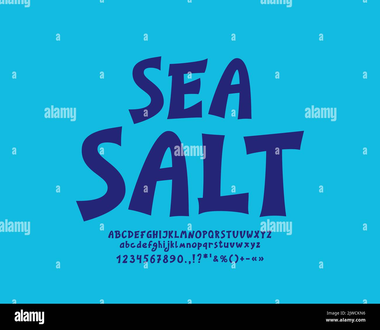 Original food logo Sea Salt. Cartoon font set navy blue color, alphabet ...