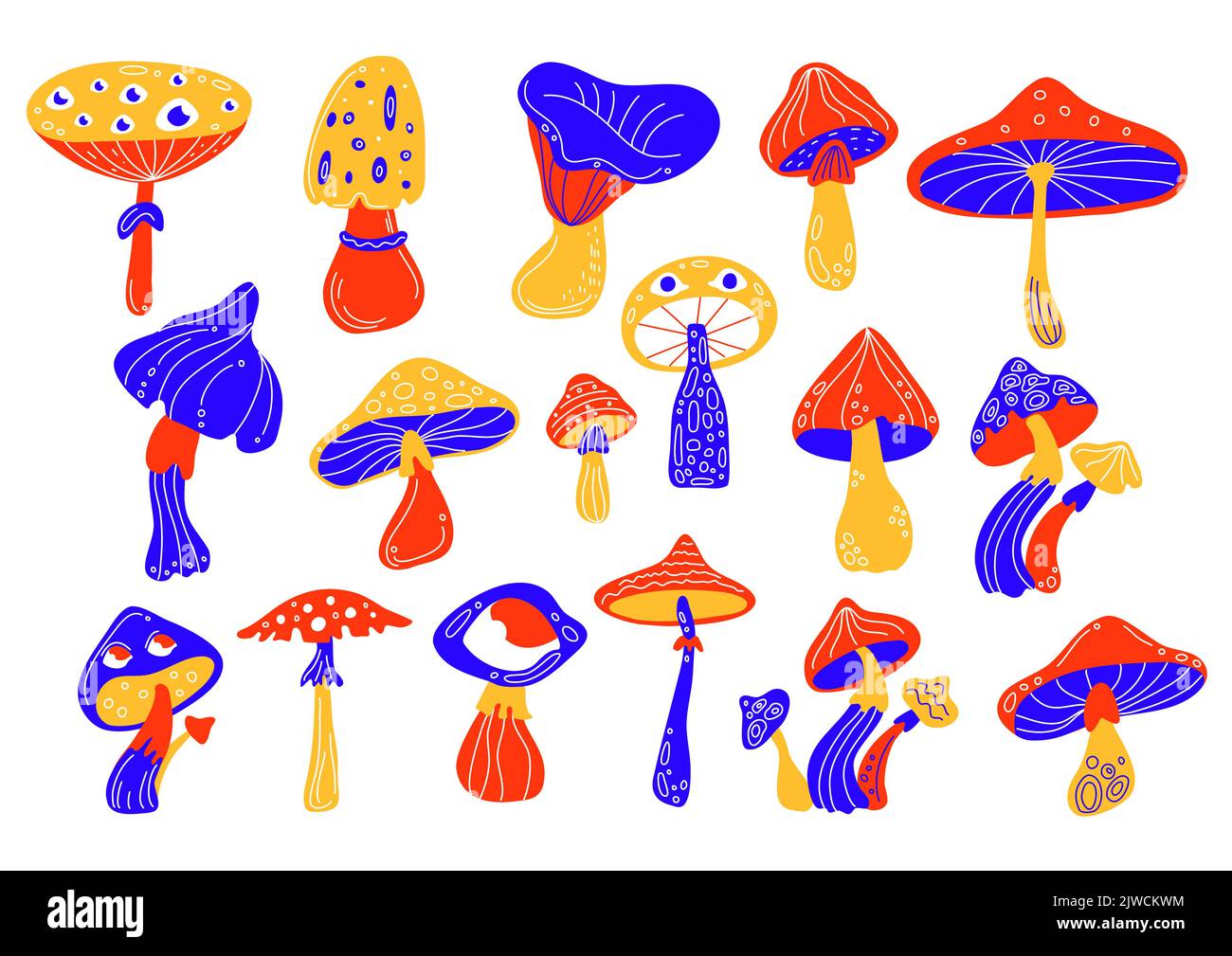 Psychedelic colored mushrooms. Mystical groovy plants, flamboyant ...