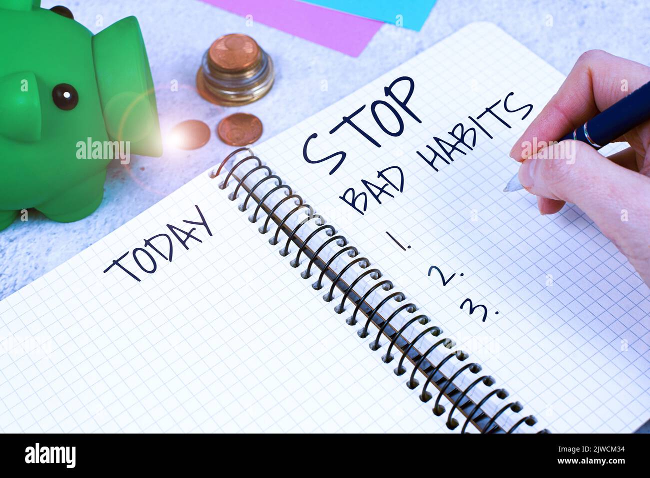 Hand writing sign Stop Bad Habitsasking someone to quit doing non good ...