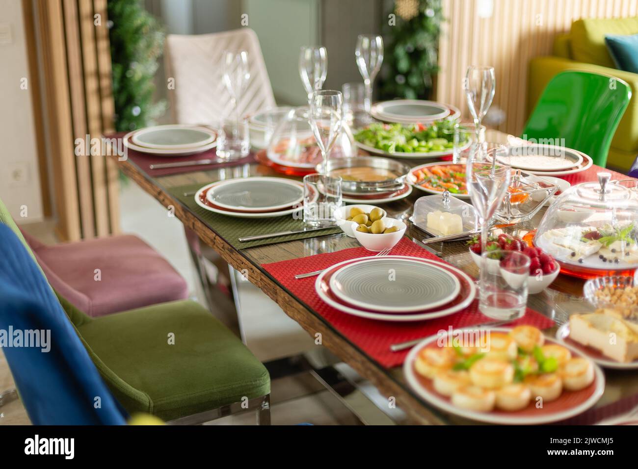 Beautifully catering table set service with variety of dishes to ...