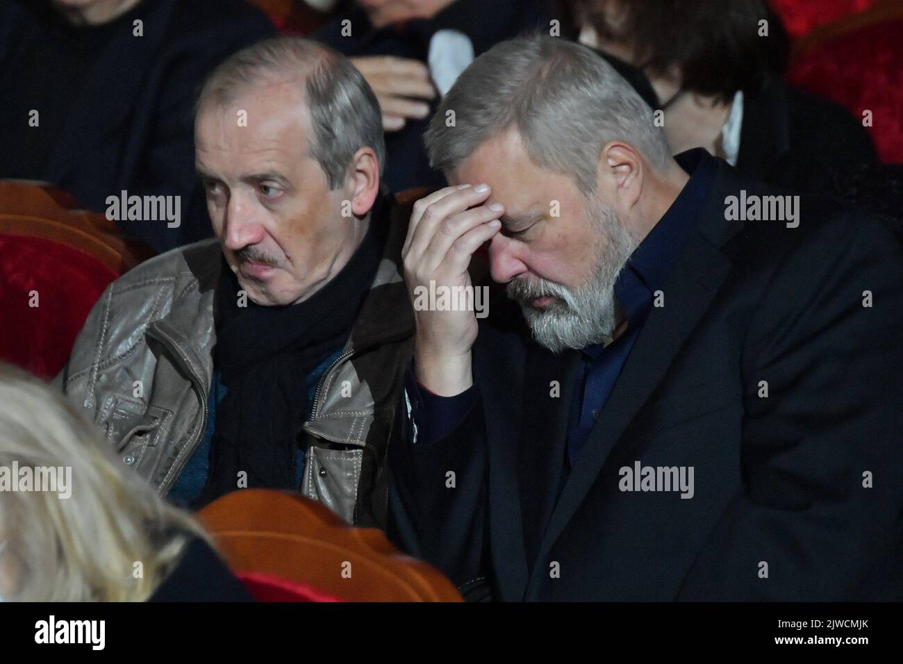 Moscow. The journalist Dmitry Muratov (on the right) at a ceremony of farewell to the former ...