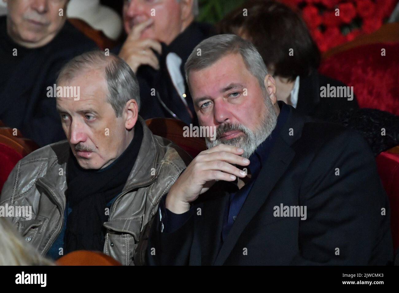 Moscow. The journalist Dmitry Muratov (on the right) at a ceremony of farewell to the former ...