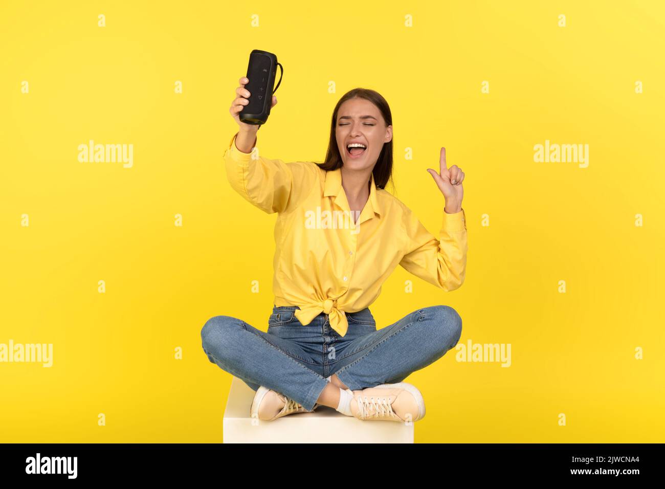 Lady Listening Music Via Musical Column Singing Over Yellow Background ...