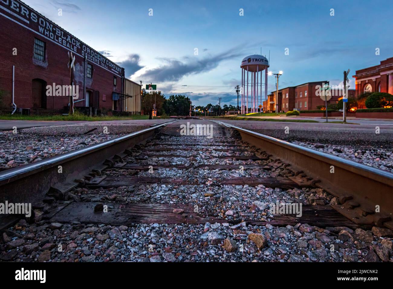 Troy, Alabama, USA - Sept. 3, 2022: Low angle view from train tracks ...