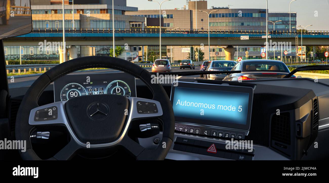 View from behind the steering wheel on the cockpit of a new electric ...