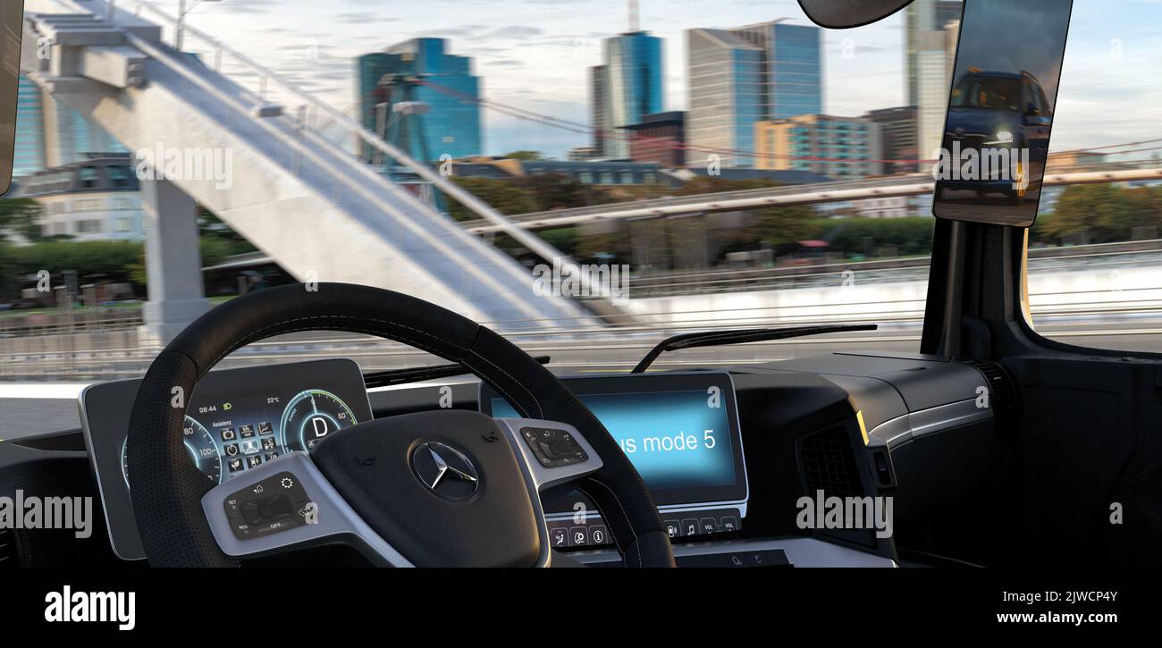 View from behind the steering wheel on the cockpit of a new electric ...