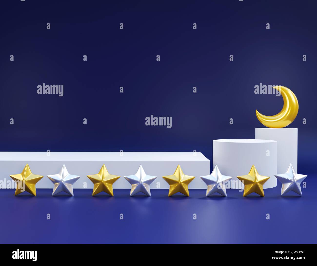White podium with half moon and stars on deep blue background. Stand to ...