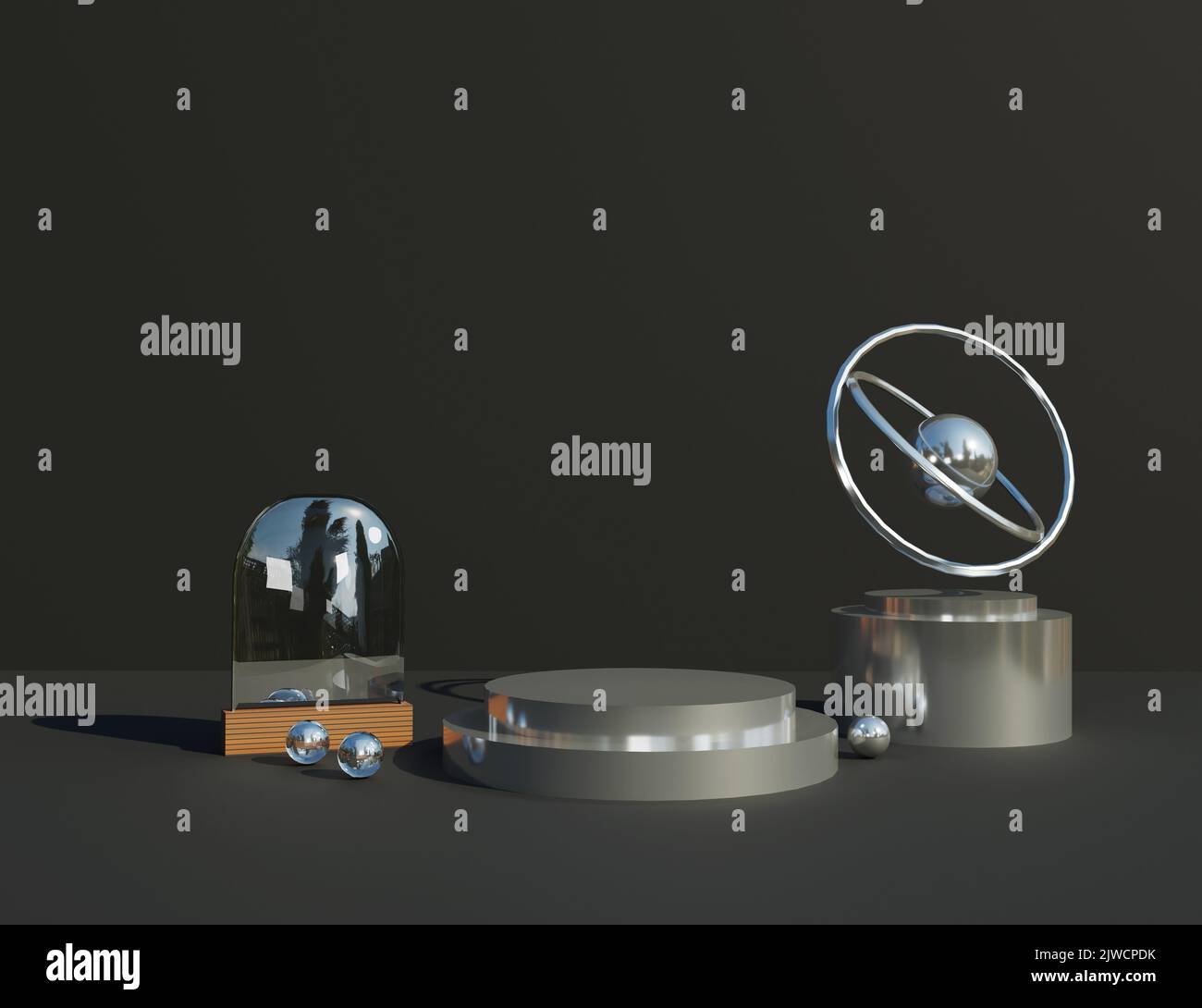 3D rendering. Abstract grey podium with spherical objects. Stand to ...