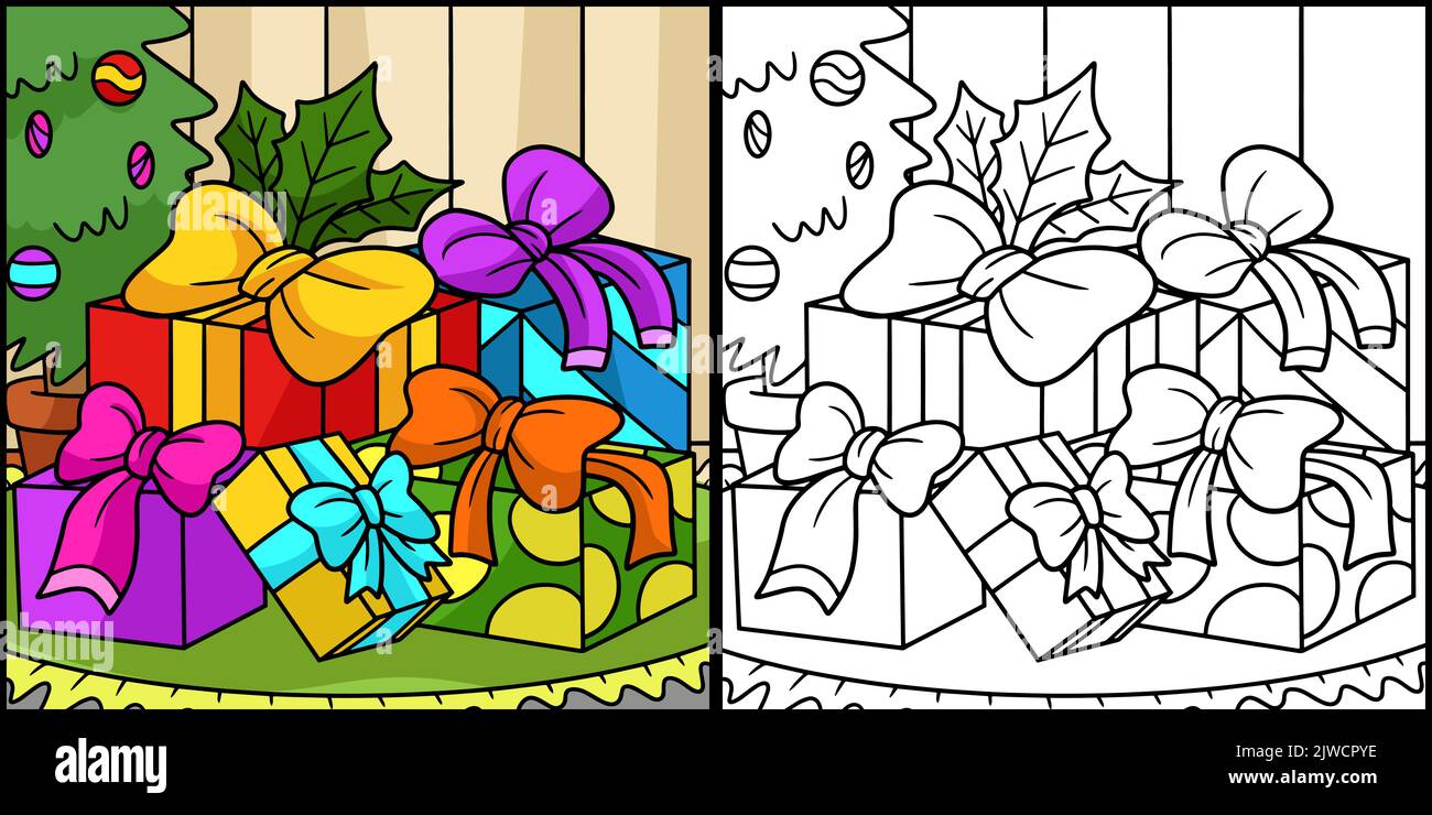 Christmas Gifts Coloring Page Colored Illustration Stock Vector Image ...