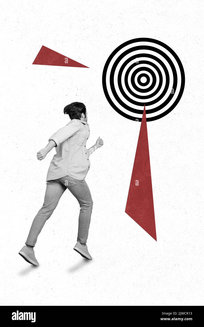 Collage photo of young student guy business owner run for target darts ...