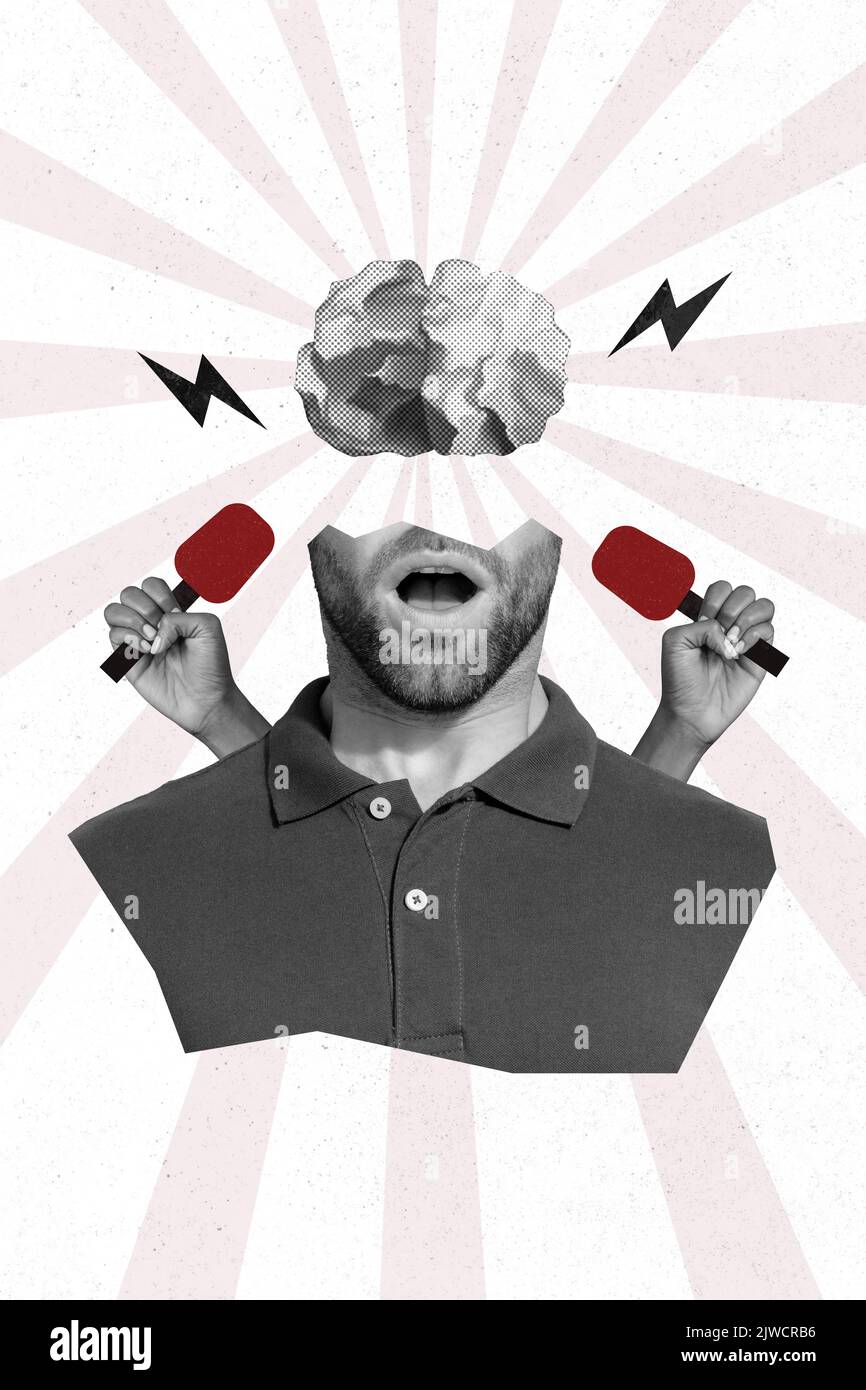 Collage photo of young funny headless guy open mouth brainstorming ...