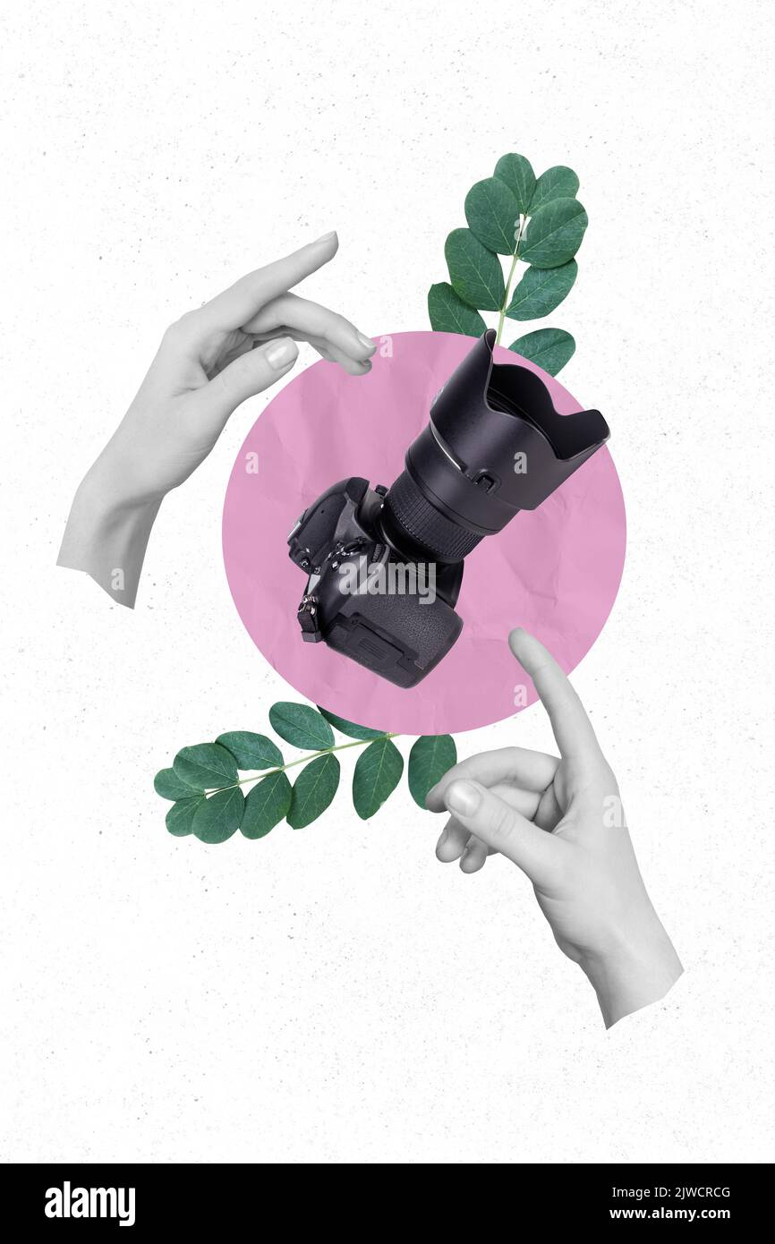 Collage photo of creative modern photo camera hands hold technology ...