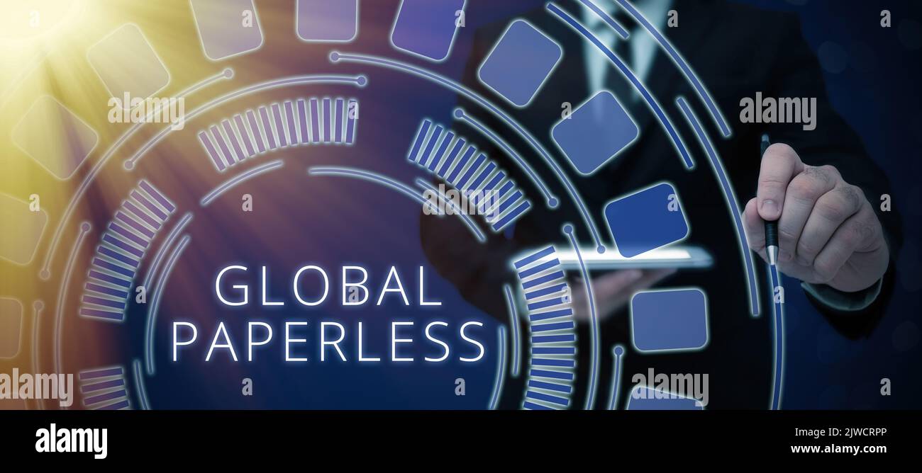 Sign displaying Global Paperlessgoing for technology methods like email ...