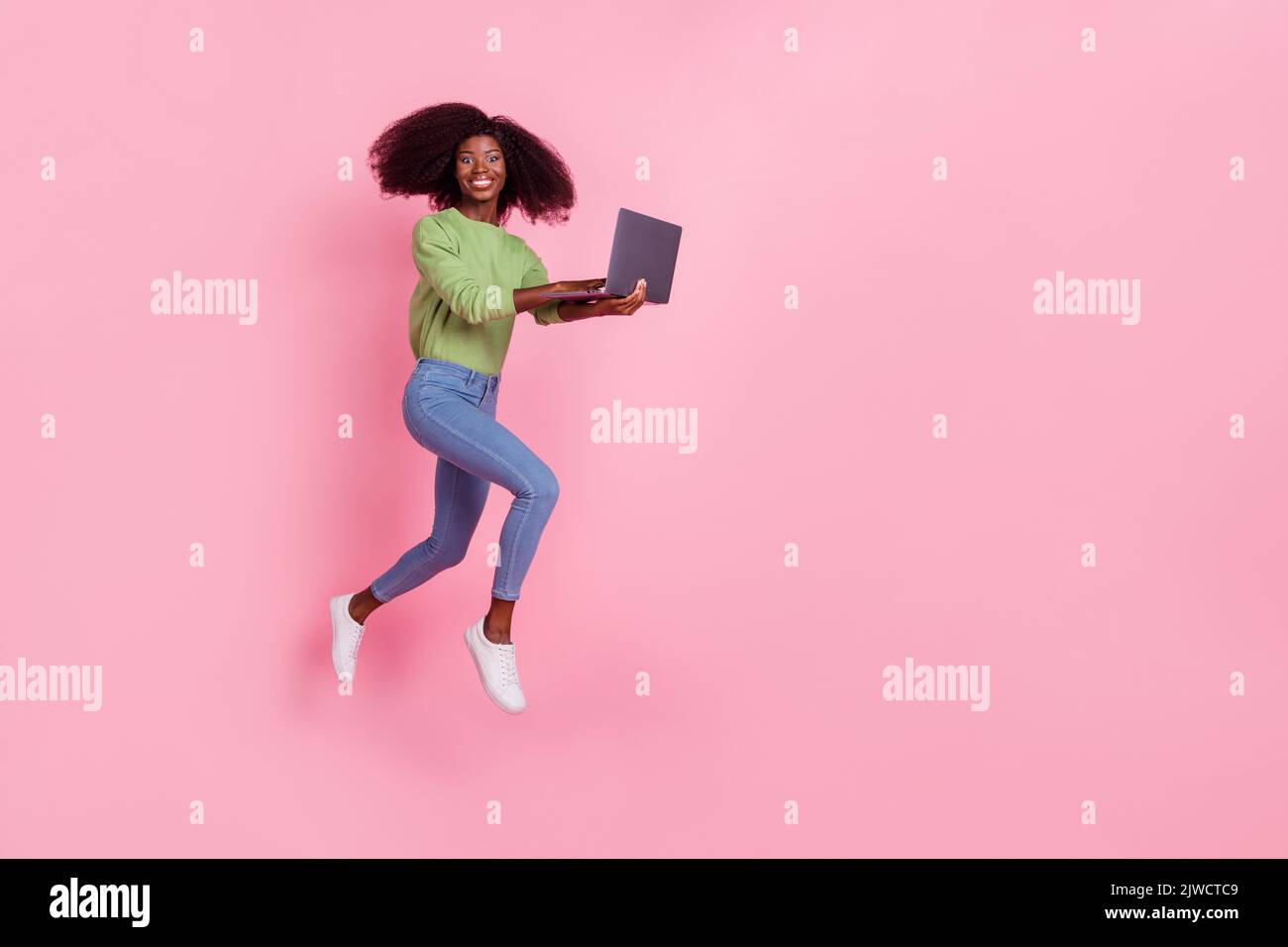 Full length photo of sweet attractive girl dressed green pullover ...