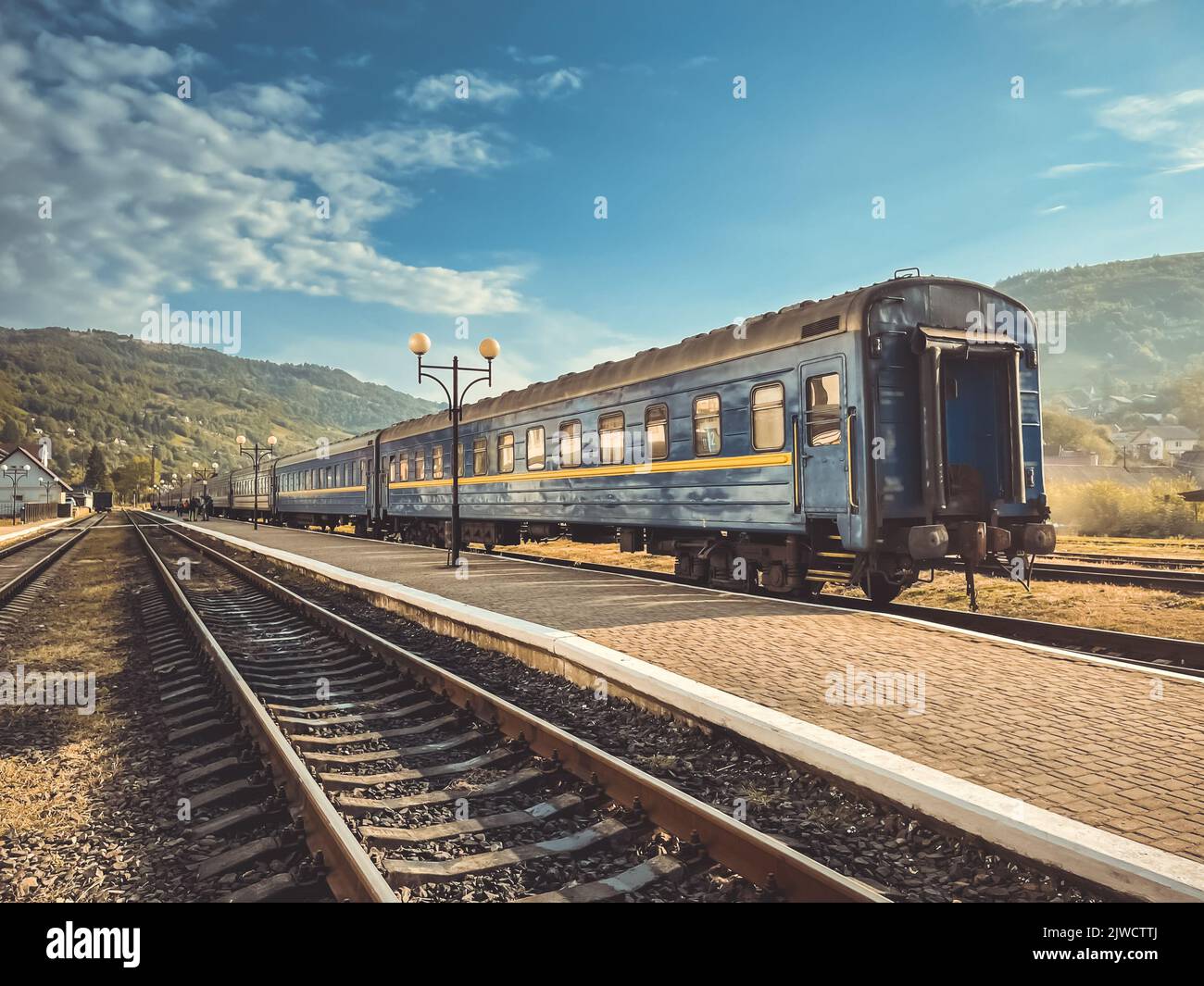 Railway locomotive. Front view. Old style diesel vehicle. Front view of ...