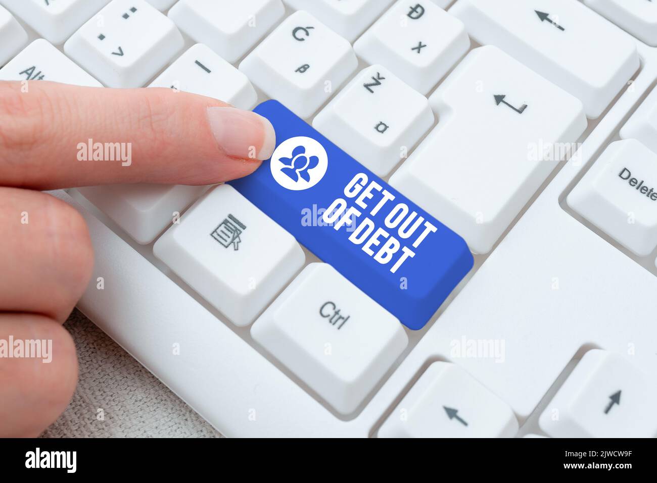 Hand writing sign Get Out Of DebtNo prospect of being paid any more and ...