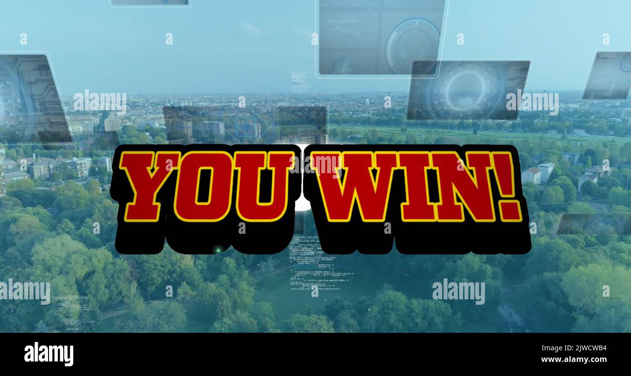 Image of you win text and data processing over cityscape Stock Photo ...