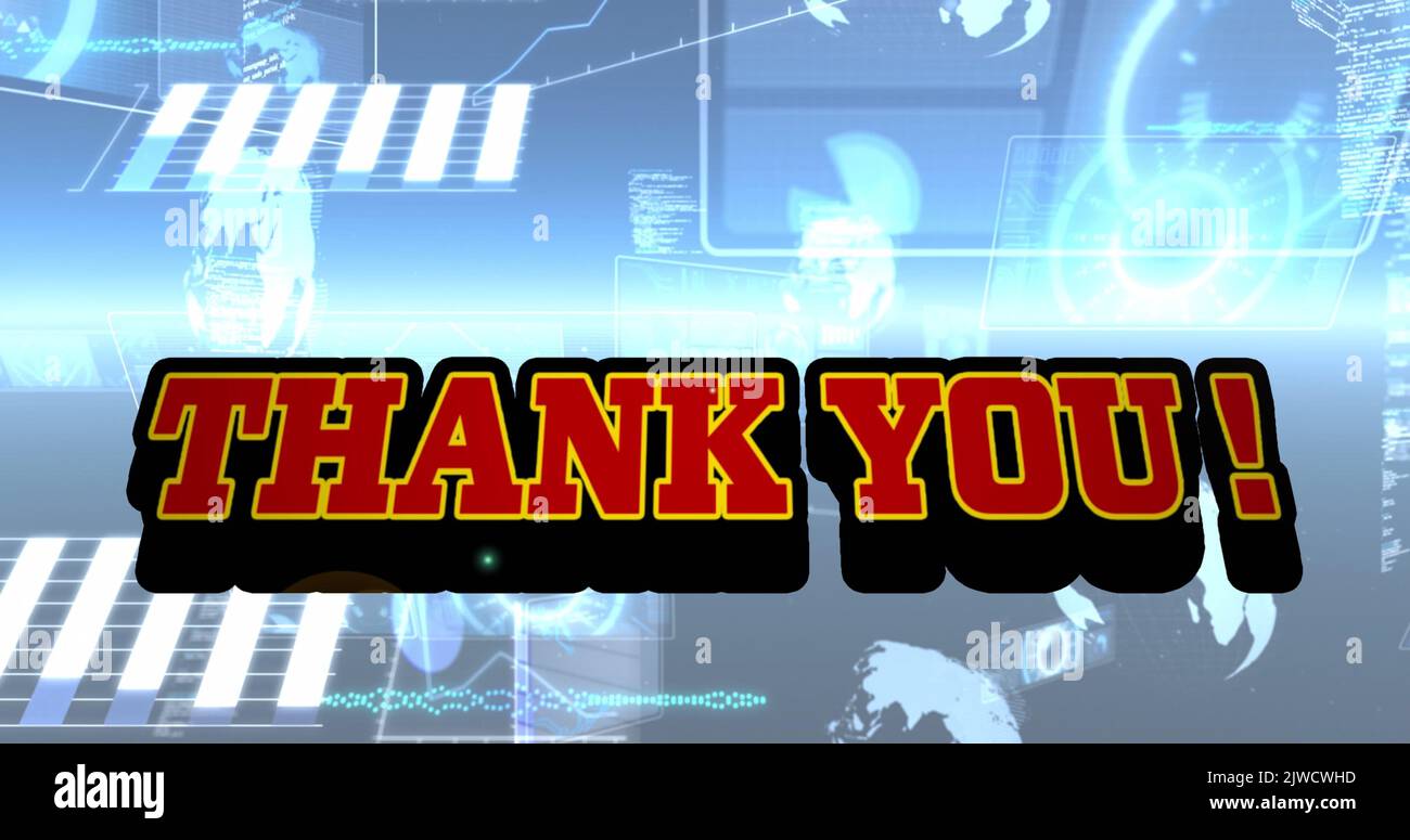 Image of thank you text and data processing on black background Stock ...