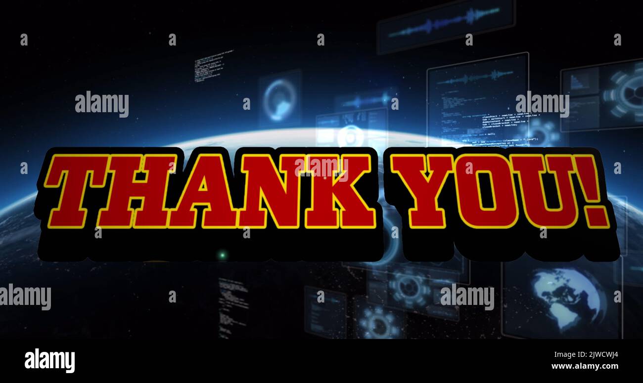 Image of thank you text and data processing with globe on black ...