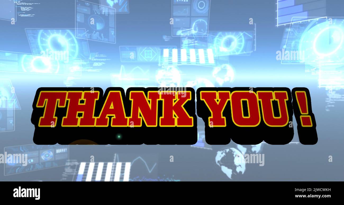 Image of thank you text and data processing on black background Stock ...