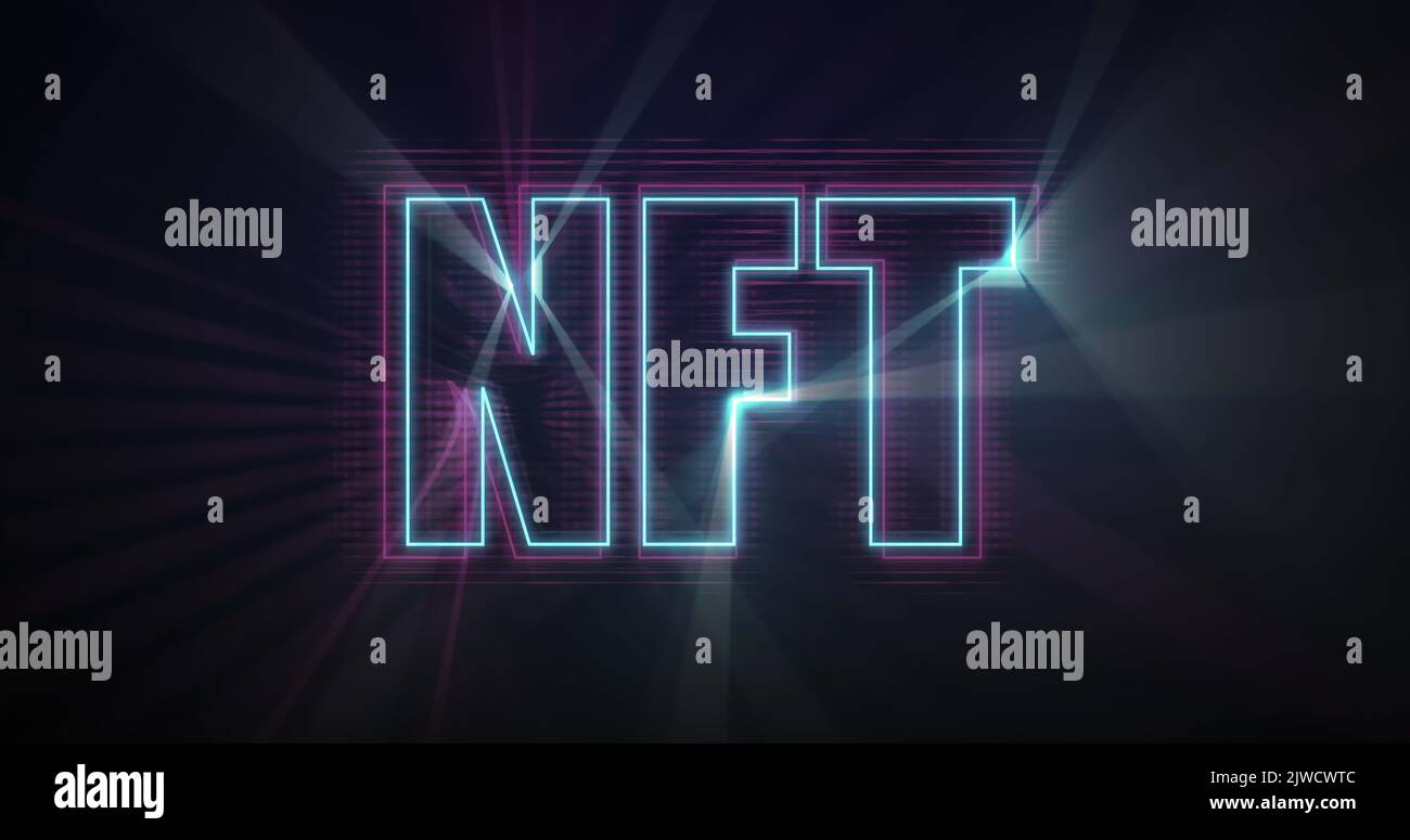 Image of glowing neon blue and purple outlined nft text on black ...