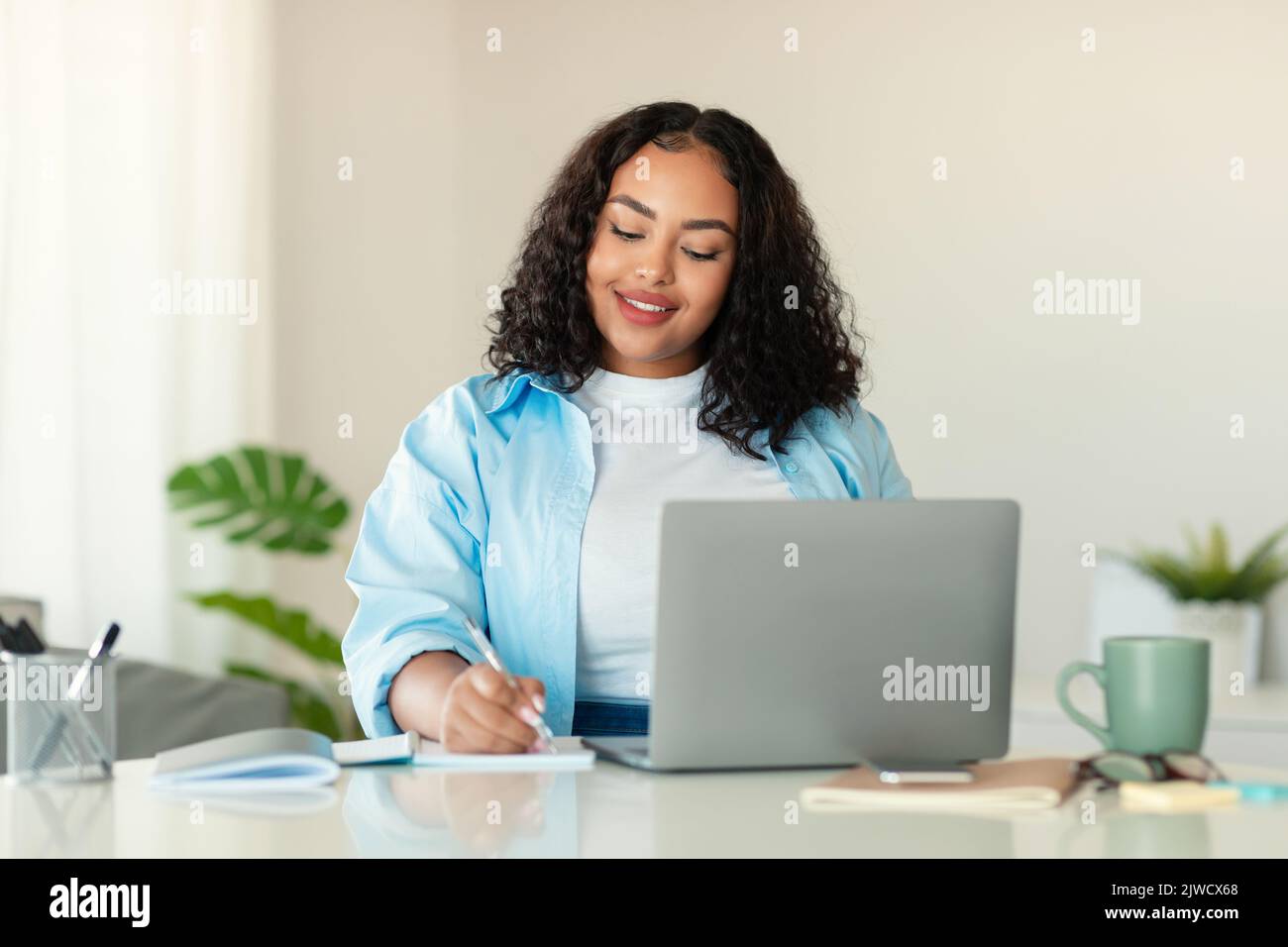 African American Lady Using Laptop Taking Notes Working In Office Stock ...