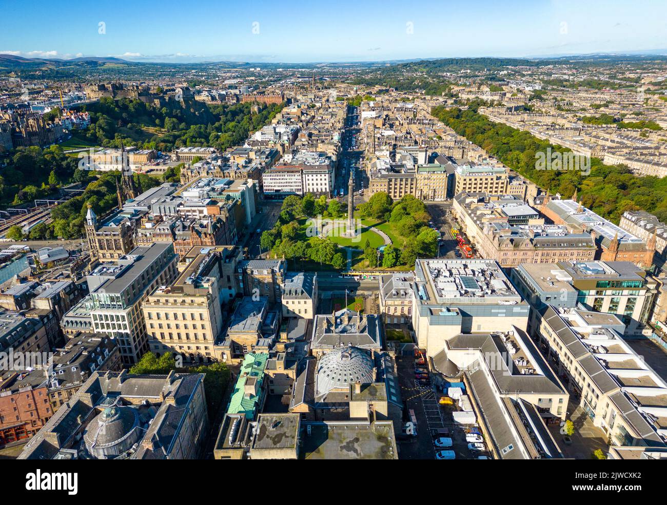 Aerial view of St Andrew Square and skyline of New Town Edinburgh ...