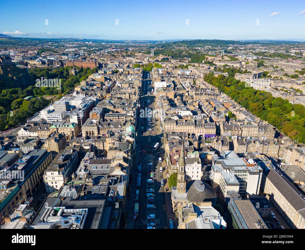 Aerial view of George Street and skyline of Edinburgh, Scotland, UK ...