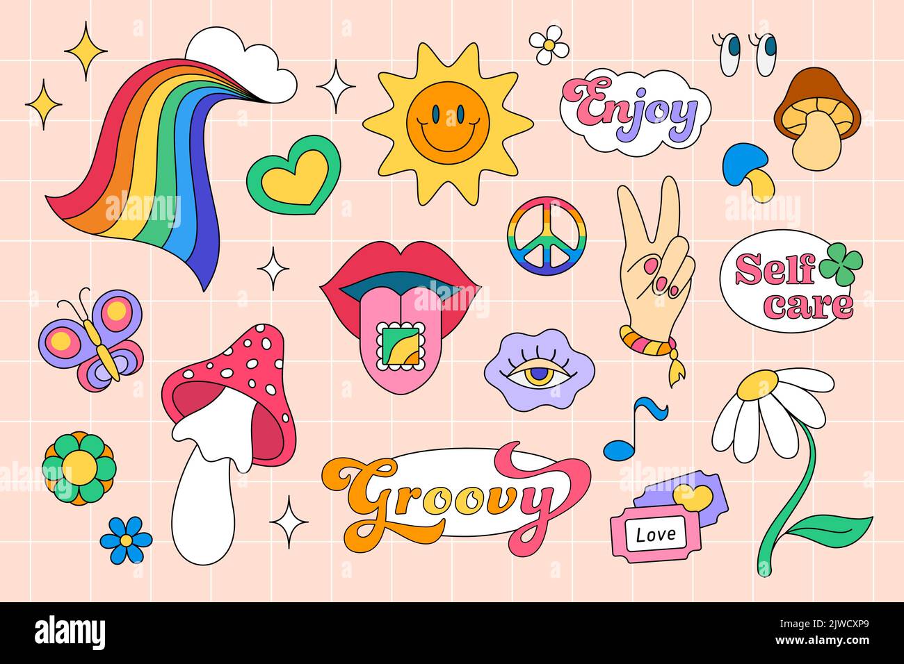 Retro 70s groovy stickers. Psychedelic hippie elements set. Funky ... Retro 70s groovy stickers. Psychedelic hippie elements set. Funky ...
