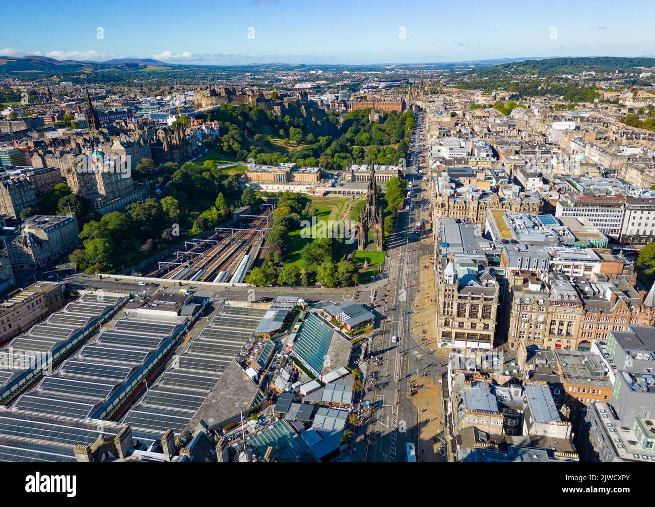 Aerial view of Princes Street and skyline of Edinburgh, Scotland, UK ...