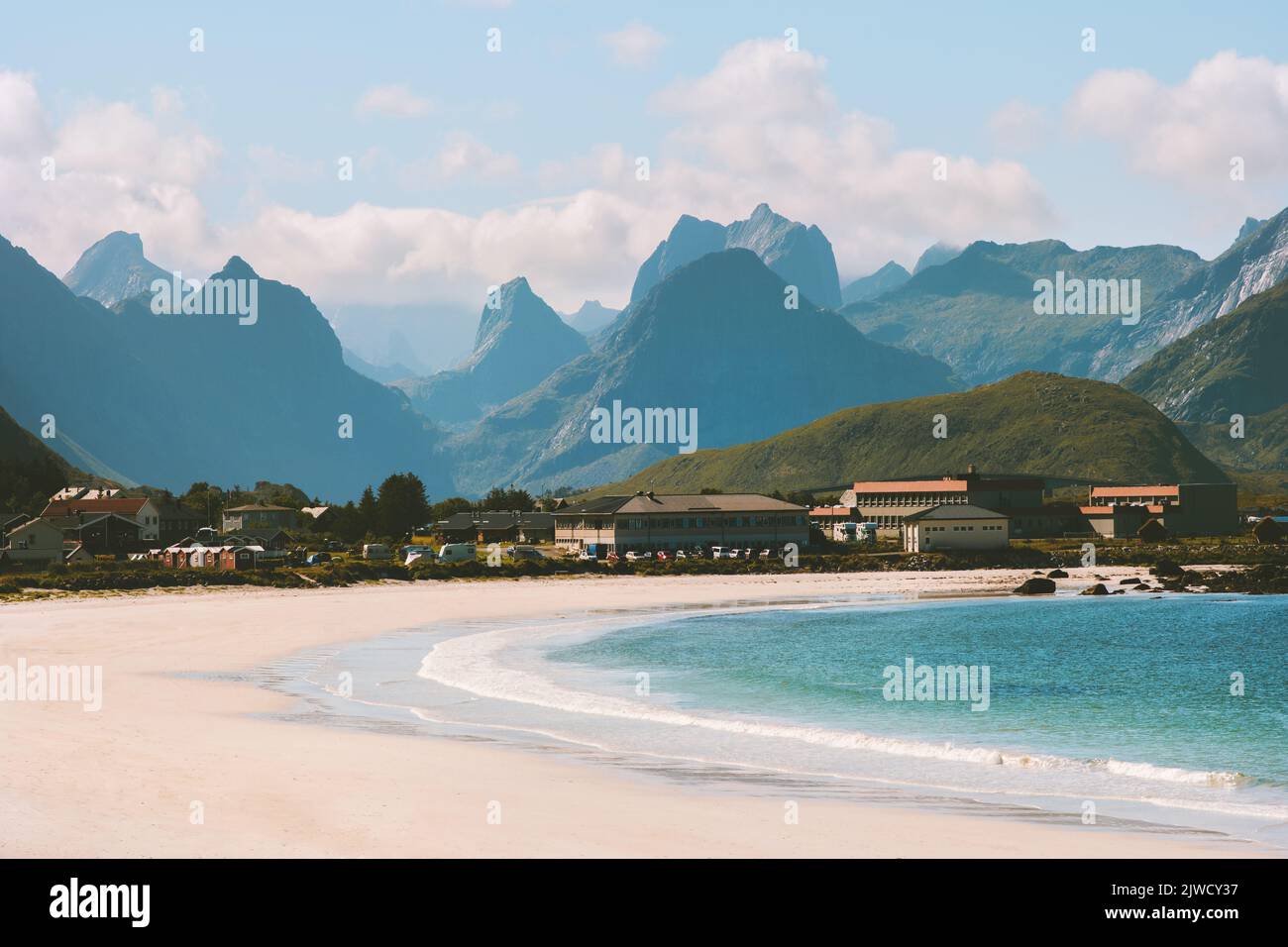 Lofoten islands in Norway Ramberg beach and mountains landscape travel ...